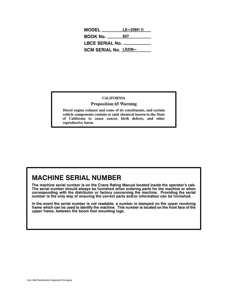 Link Belt LS-208H II Crane Operator Manual - Reliable-Store